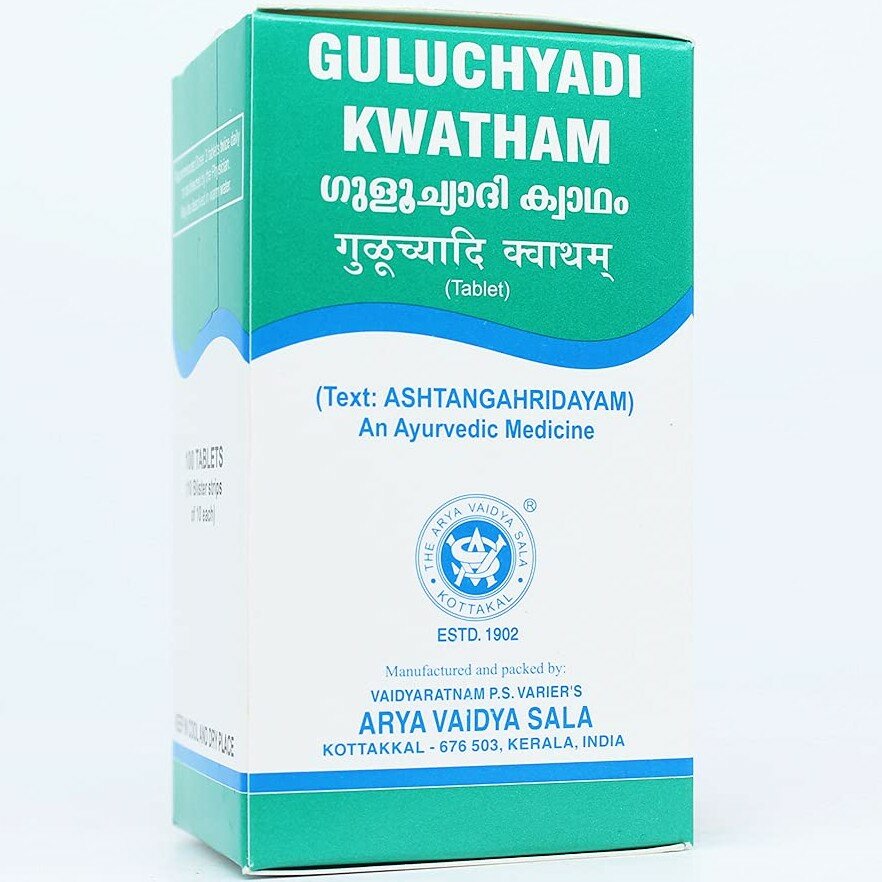 Гулучади Кватхам Коттаккал при любых лихорадочных состояниях, при аллергии, псориазе, экземе Guluchyadi Kwatham Kottakkal 100 таб.