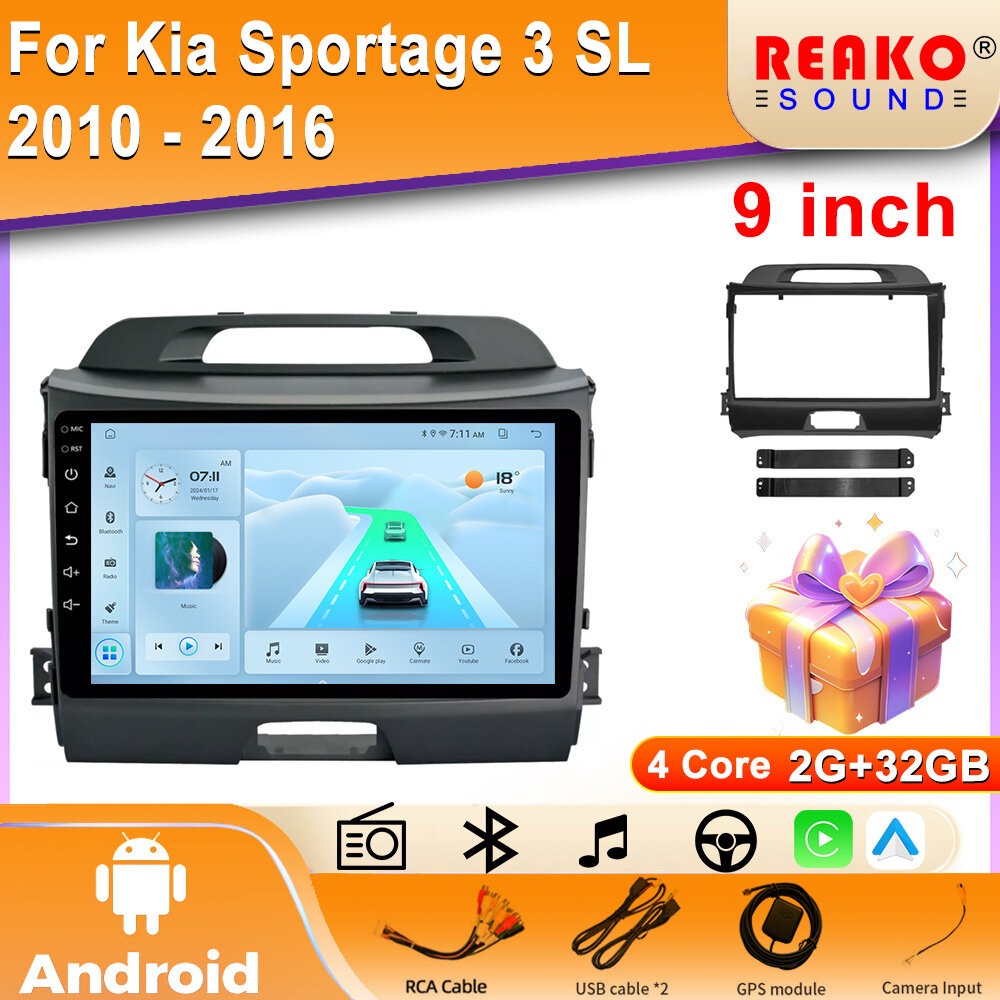 Магнитола для Kia Sportage 3 SL 2010 - 2016 , 4 ядерный процессор 2/32Гб ANDROID 10, QLED экран 9 дюймов, Wifi