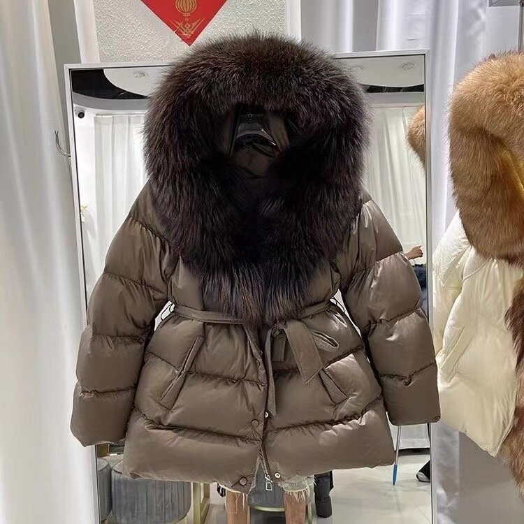 Новая женская куртка-пуховик из лисьего меха с большим меховым воротником, толстый, средней длины, со свободной талией, высококачественное женское пальто