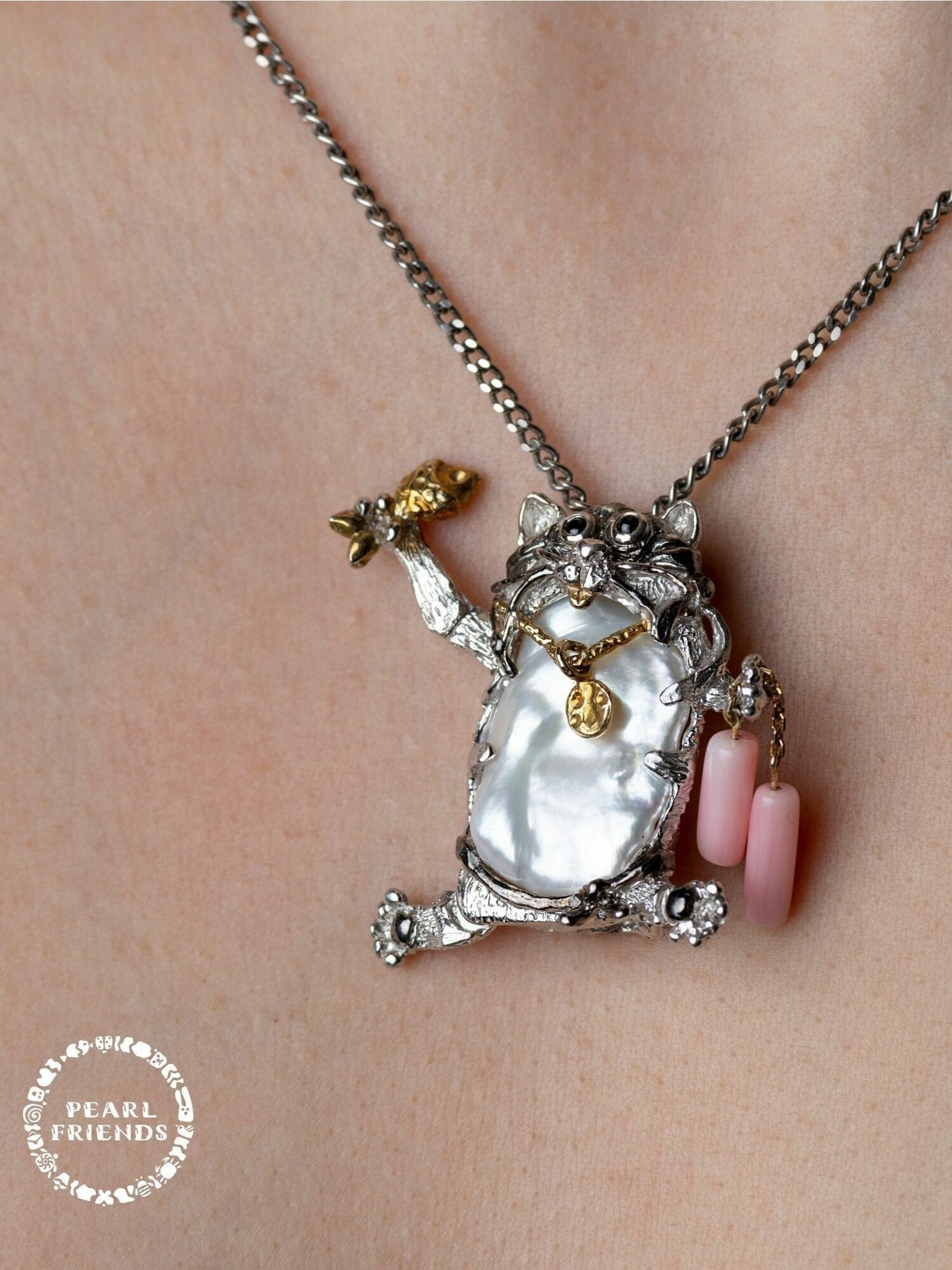 Подвеска, серебро, 925 проба, родирование, жемчуг, шпинель, коралл