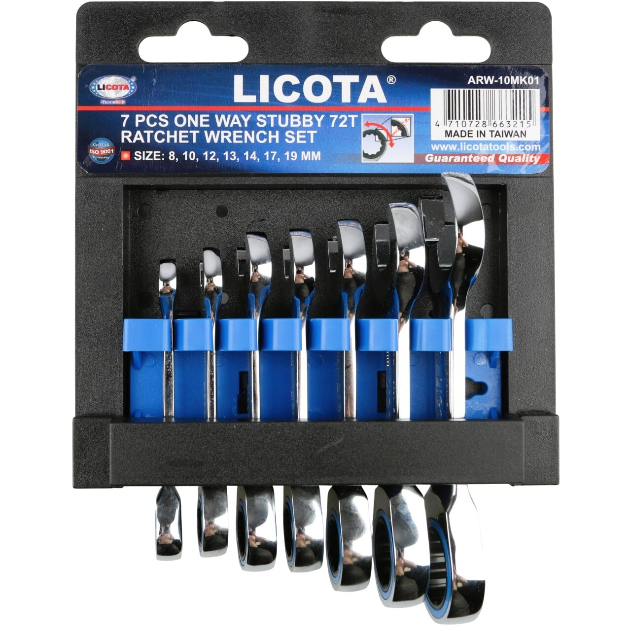 Licota ARW-10MK01 Набор ключей трещоточных комбинированных коротких 72 зуба, 8-19 мм, 7 пр, на пластиковом держателе