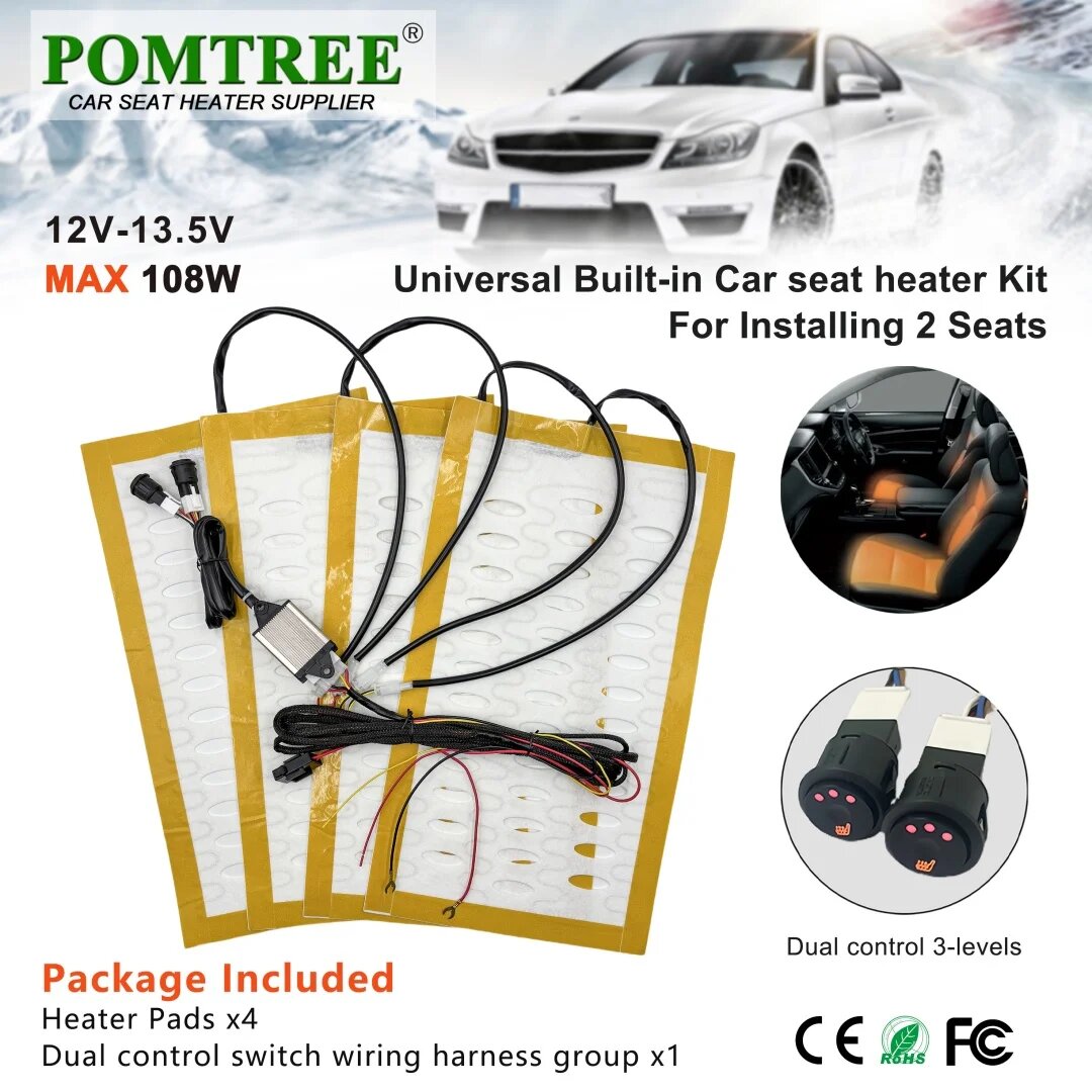 Встроенный комплект обогрева автомобильных сидений, подходит для 2 сидений, 3-уровневый двойной переключатель управления, универсальные грелки из сплава 108 Вт, удобные