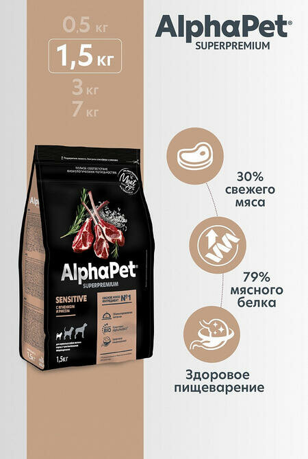 ALPHAPET SUPERPREMIUM 1,5 кг сухой корм для взрослых собак мелких пород с чувствительным пищеварением с ягненком и рисом