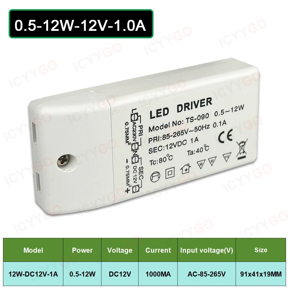ICYYGO Трансформатор освещения LED 12V 24V 500MA 600MA 1A 2A 3A 6A Белый, 0.5-12W 12V 1.0A