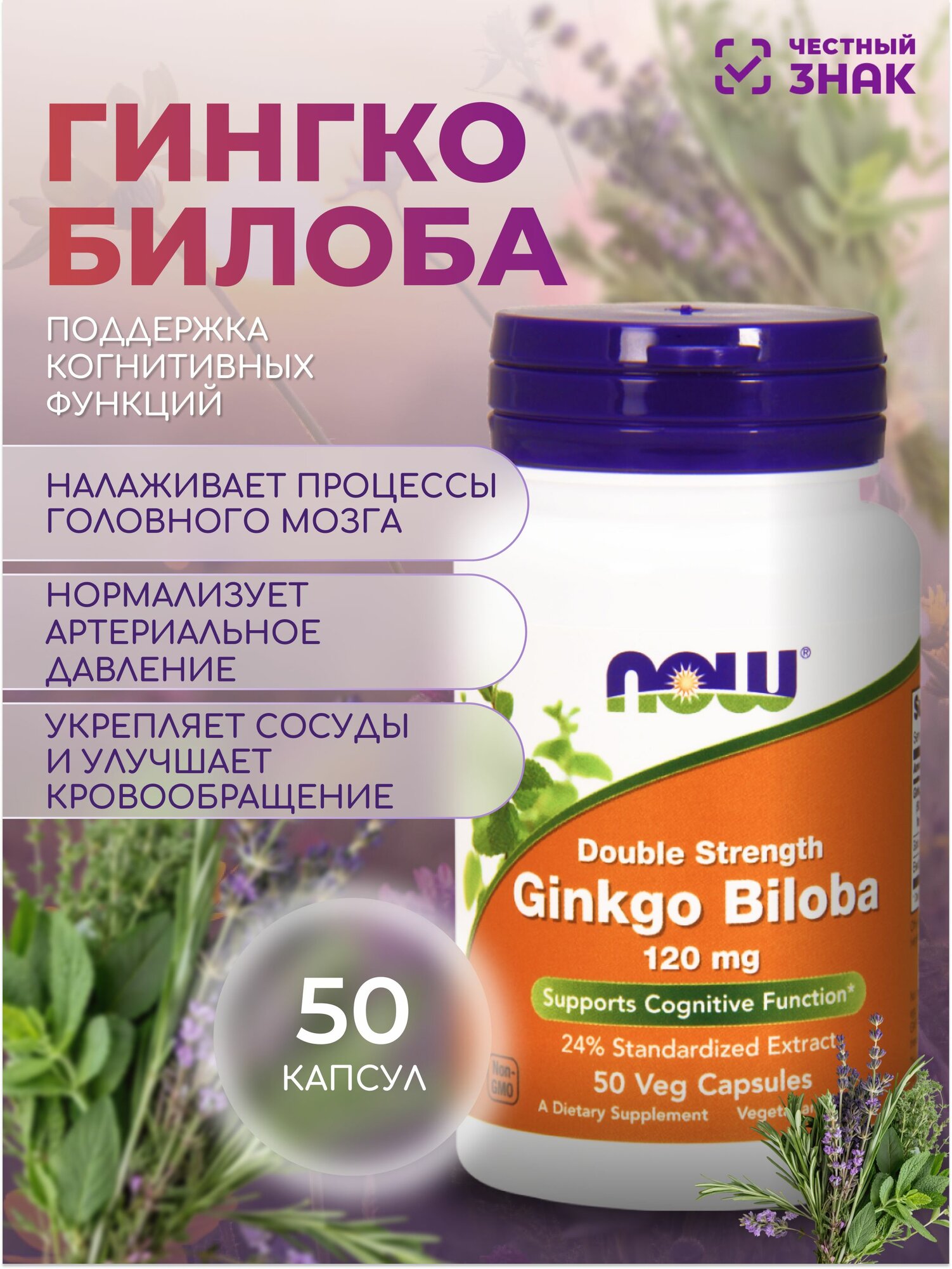 Гинкго билоба NOW, поддержка нормальной деятельности мозга, 120мг