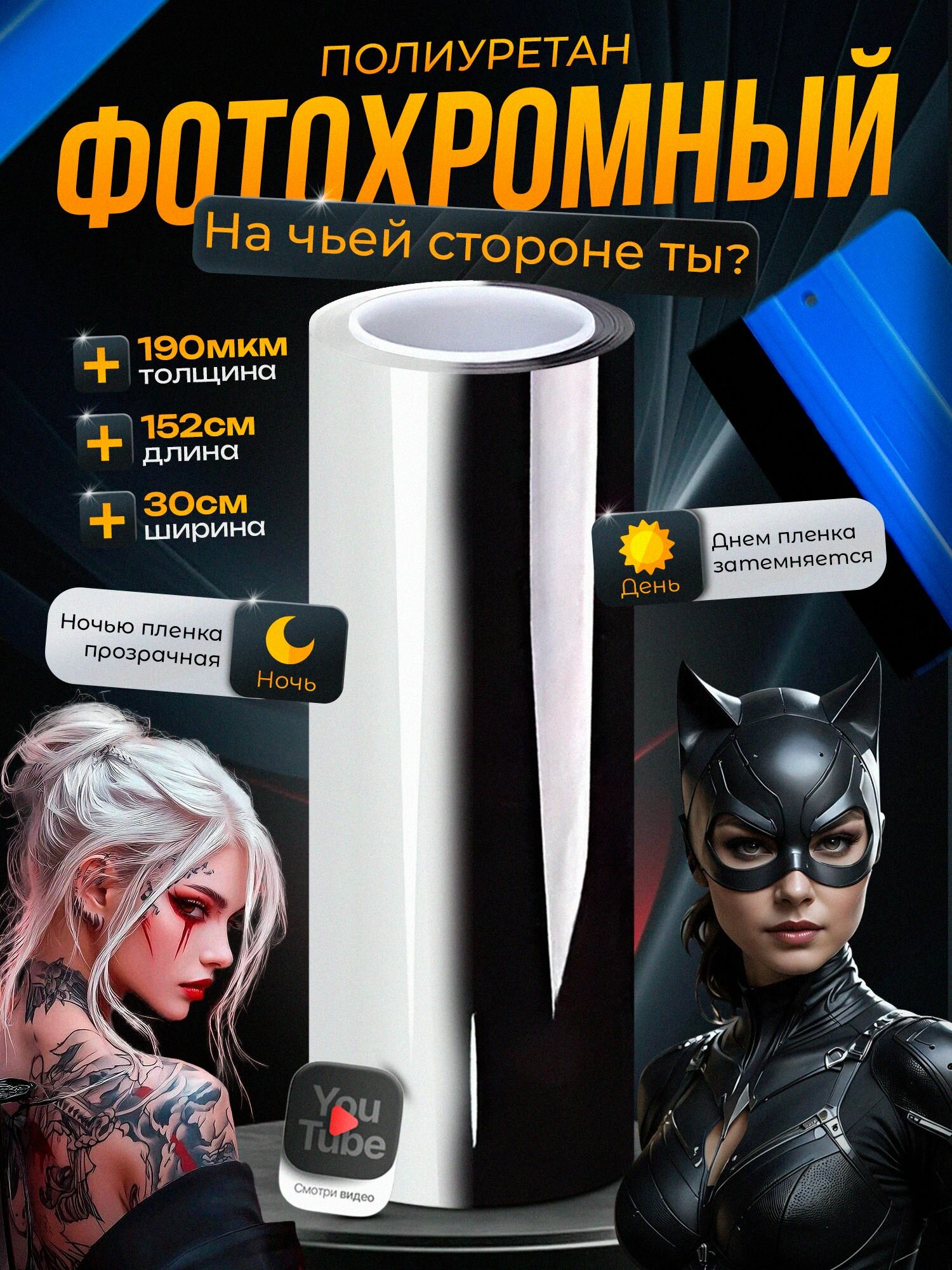 Полиуретановая пленка для фар фотохромная 30*150см с автозатемнением полиуретан