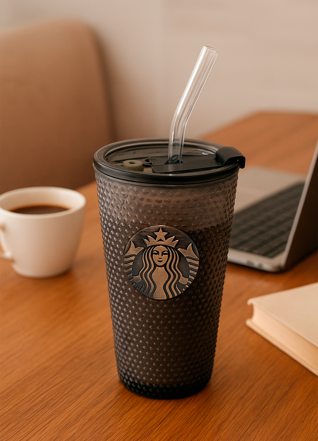 Стакан стеклянный Limited Edition, черный, стеклянная трубочка, пластиковая крышка, 500 мл