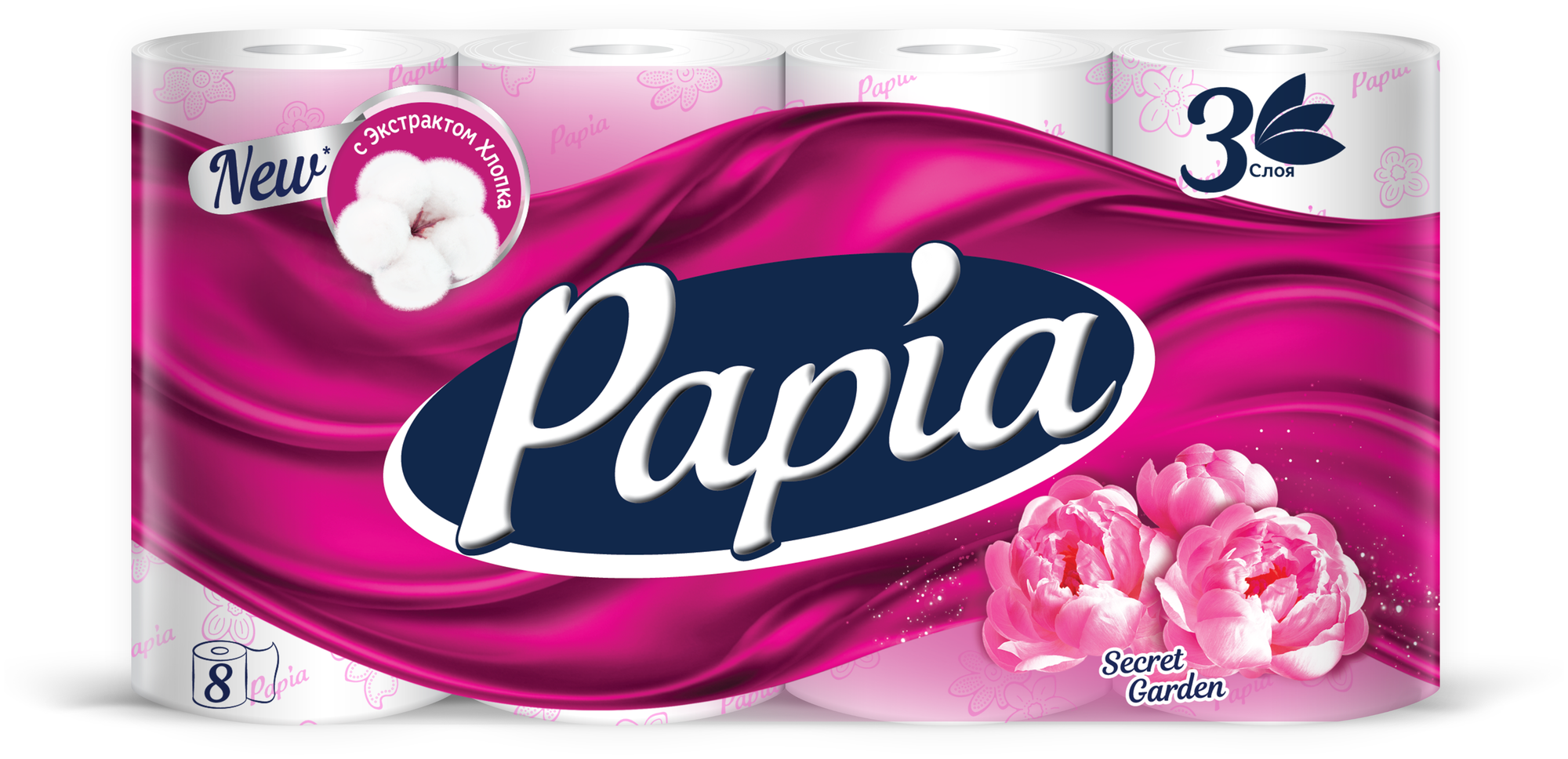 Туалетная бумага Papia Secret Garden, белая, ароматизированная, с цветным тиснением и перфорацией, 3 слоя, 8 рулонов