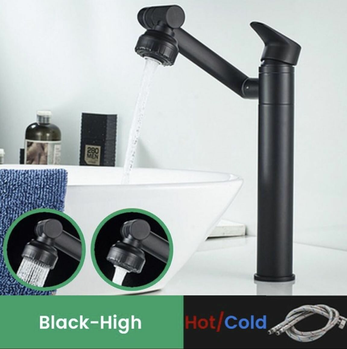 Смеситель трансформер, нержавеющая сталь, поворотный, аэратор, высота 30 см, черный