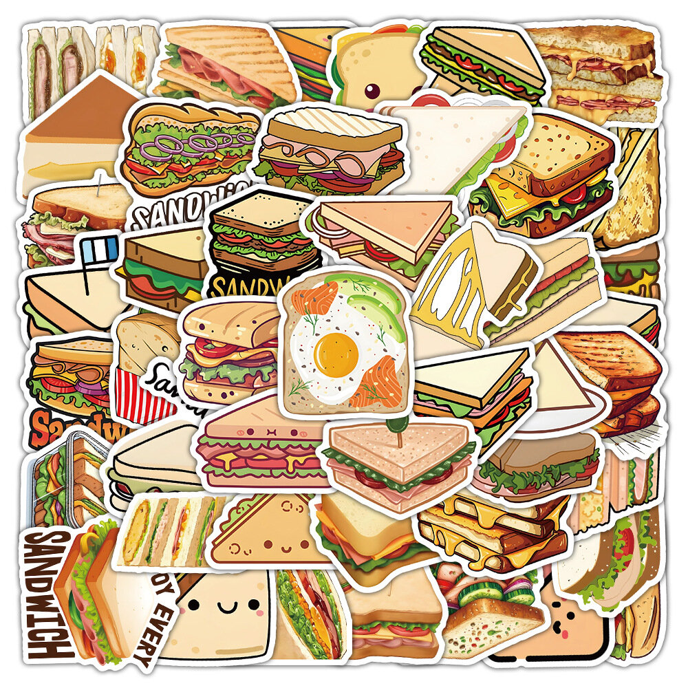 54 шт. наклеек-сэндвичей, милые виниловые наклейки с мультяшными героями, сэндвичи-рисунки, наклейки с едой для детей, ноутбуков, бутылок с водой, альбомов, проектов «сделай сам» | Водонепроницаемые и съёмные