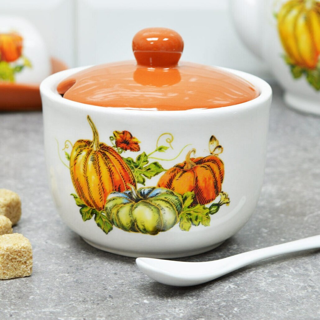 Сахарница с ложкой «Тыква», 520 мл, фарфор, крышка, декор овощами