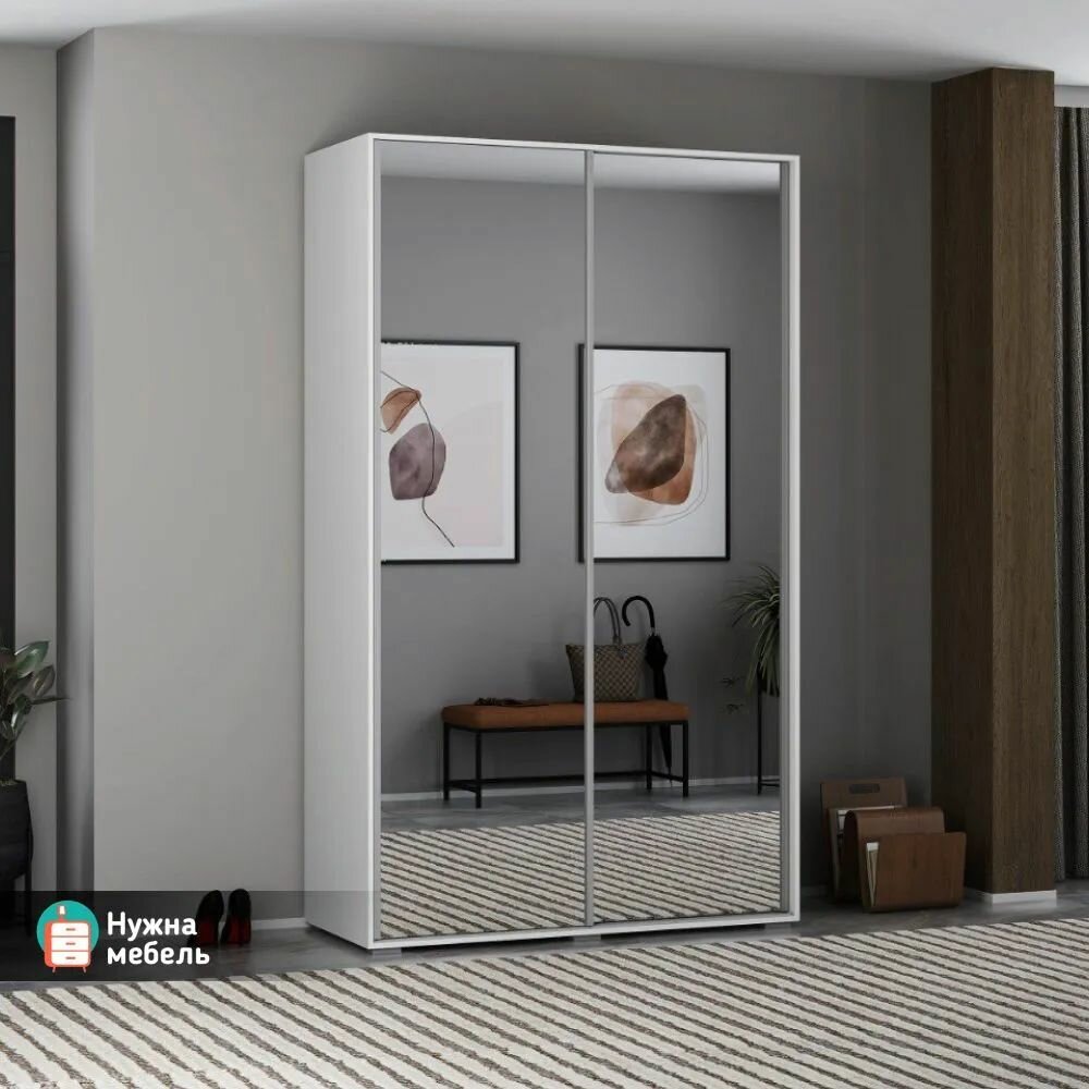 Шкаф-купе для одежды двухстворчатый с зеркалами, Модель Бакс 17 с полками и продольной штангой, Белого цвета, Мебель в спальню, прихожую и гостиную