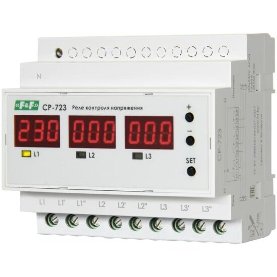 Реле контроля напряжения F&f CP-723, монтаж на DIN-рейке, 100…450 AC 3NO 3х63А), EA04.009.015