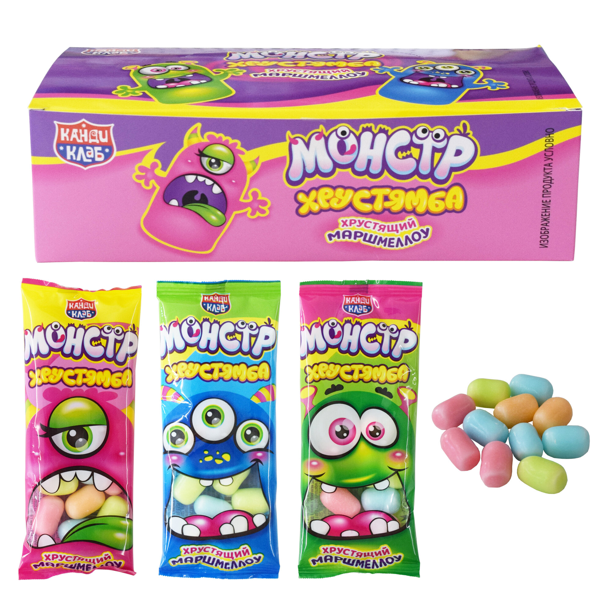 Маршмеллоу хрустящий монстр хрустямба (блок 30шт по 13гр) конфеты Канди Клаб.