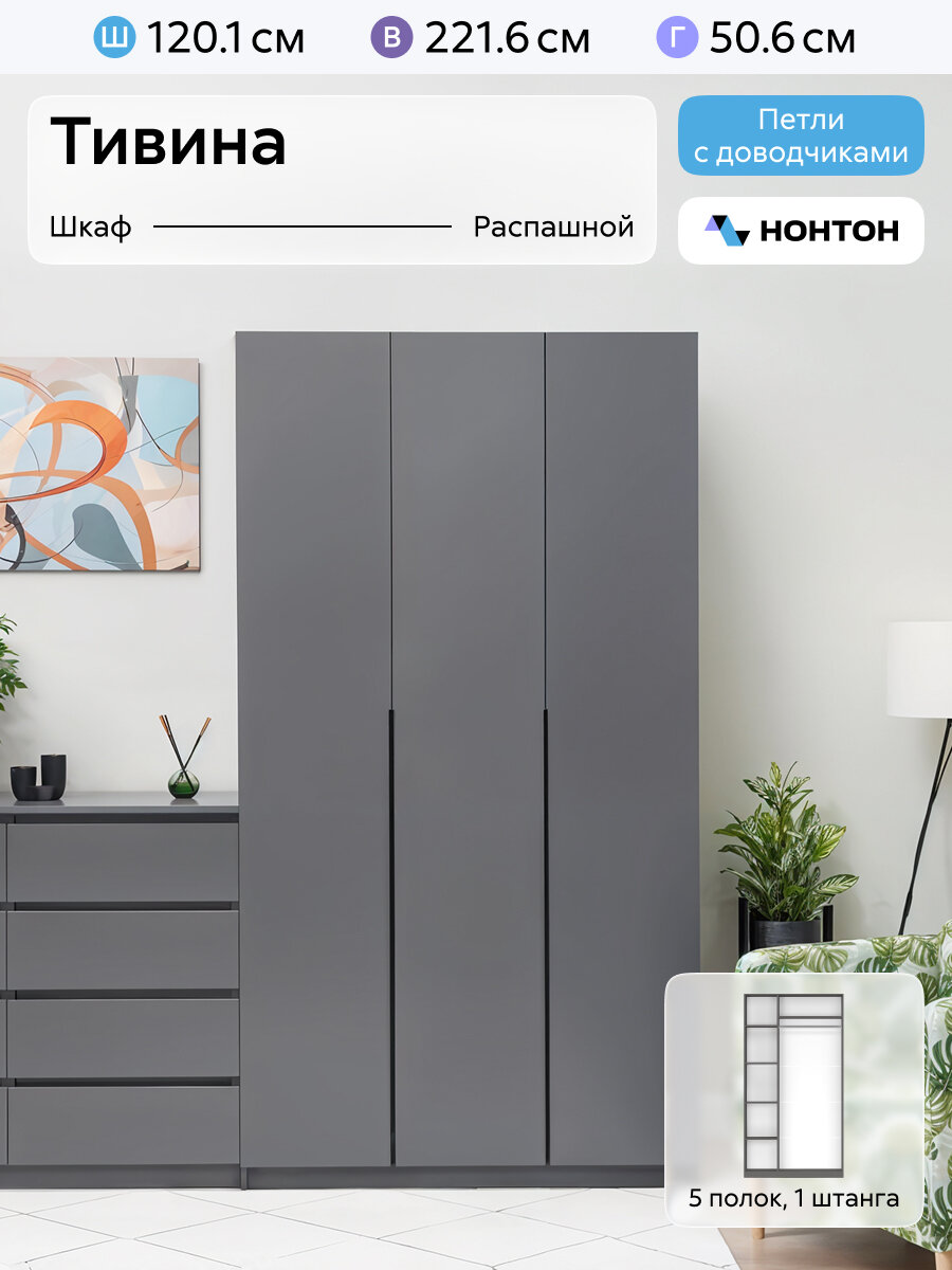 Шкаф для одежды распашной Нонтон Тивина, 120 см, 5 полок и штанга, графит серый