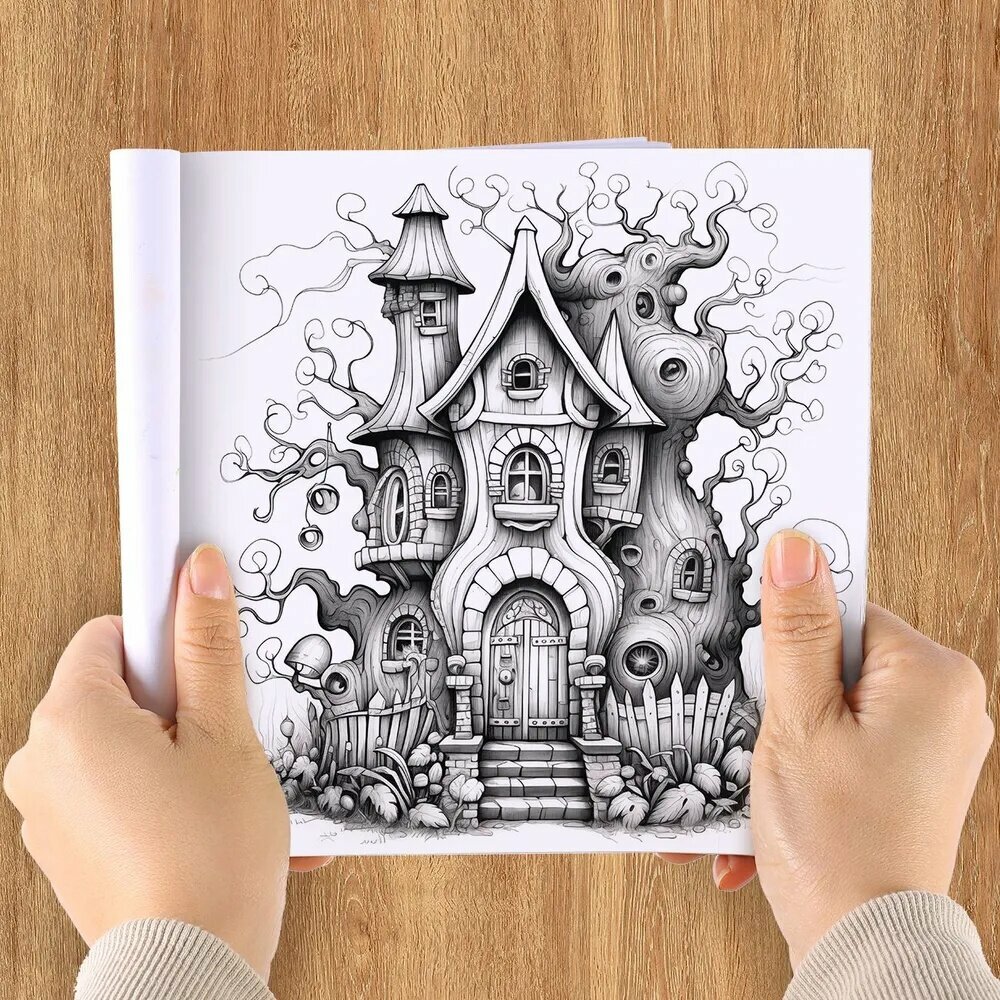 Книжка-раскраска в Деревянный дом, Альбом для рисования Деревянный дом, высокое качество Книга каракулей20 см*20 см, подходит для раскрашивания как взрослыми, так и детьми