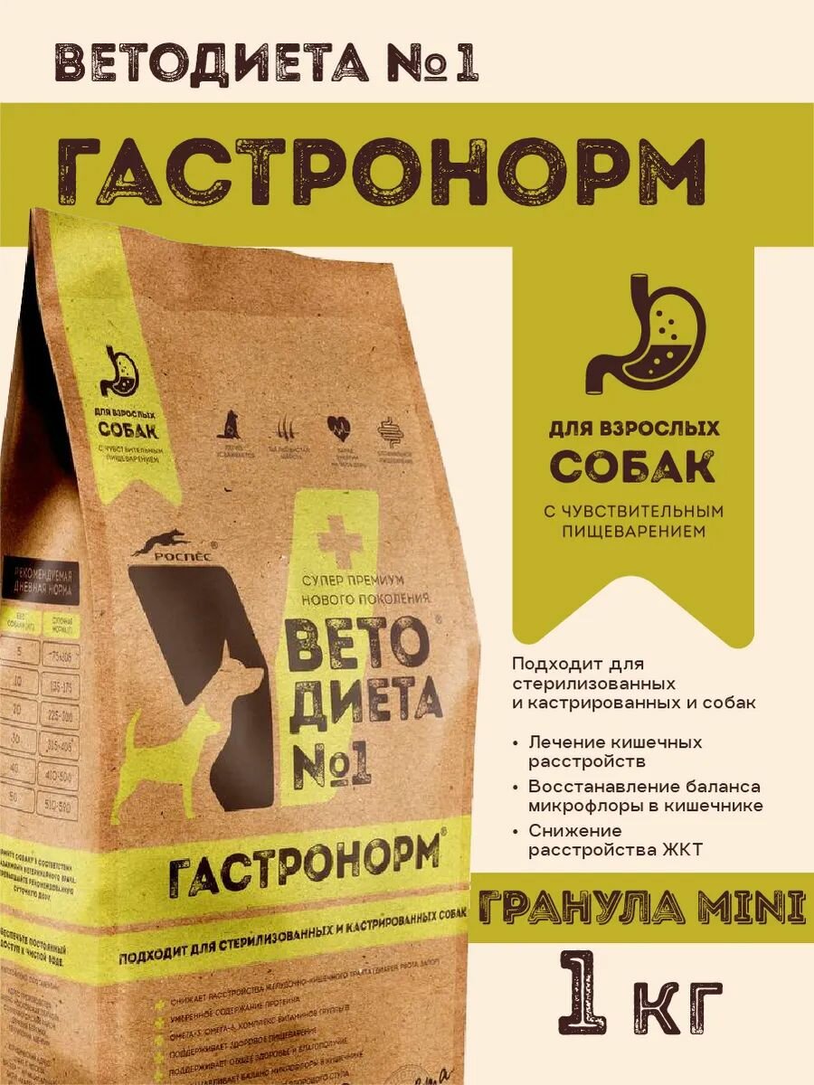Ветеринарная диета для собак мелких пород с чувствительным пищеварением, ВетоДиета, ГастроНорм,1кг