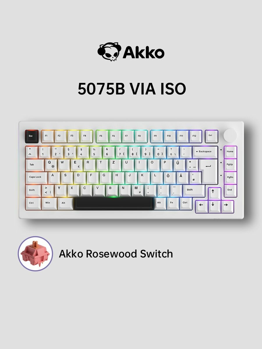 Трехрежимная механическая клавиатура Akko 5075B VIA, с черными символами на белом фоне (версия с подсветкой) RGB с возможностью горячей замены 83 клавиш в Великобритании