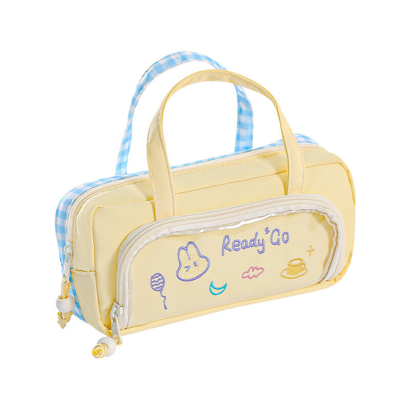 Вместительный пенал с ручкой, эстетичный клетчатый чехол для ручек с вышитым рисунком из мультфильмов, портативный холщовый пенал, канцелярский органайзер для девочек, мальчиков, студентов, школьных канцелярских принадлежностей