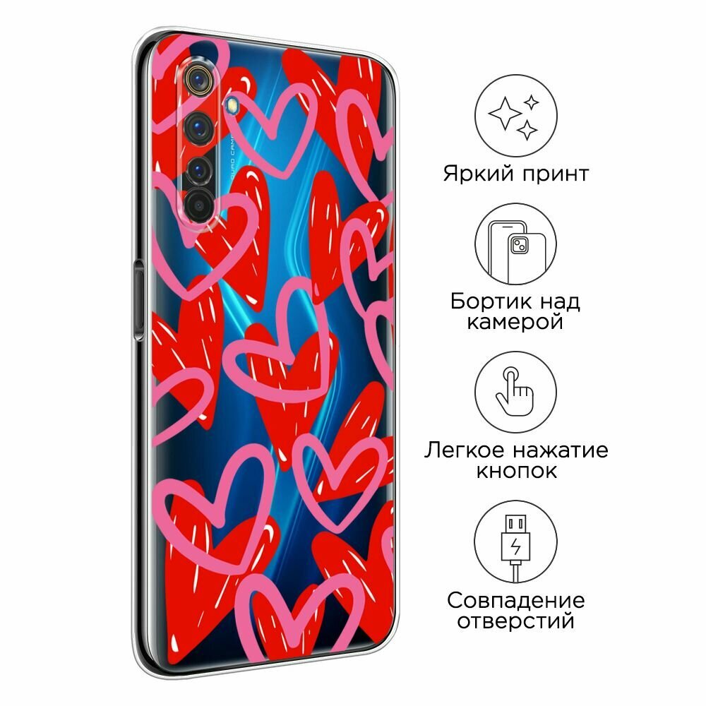 Чехол на Realme 6 Pro / Реалми 6 Про с принтом "Hearts doodles - 14 февраля", прозрачный — фото 1
