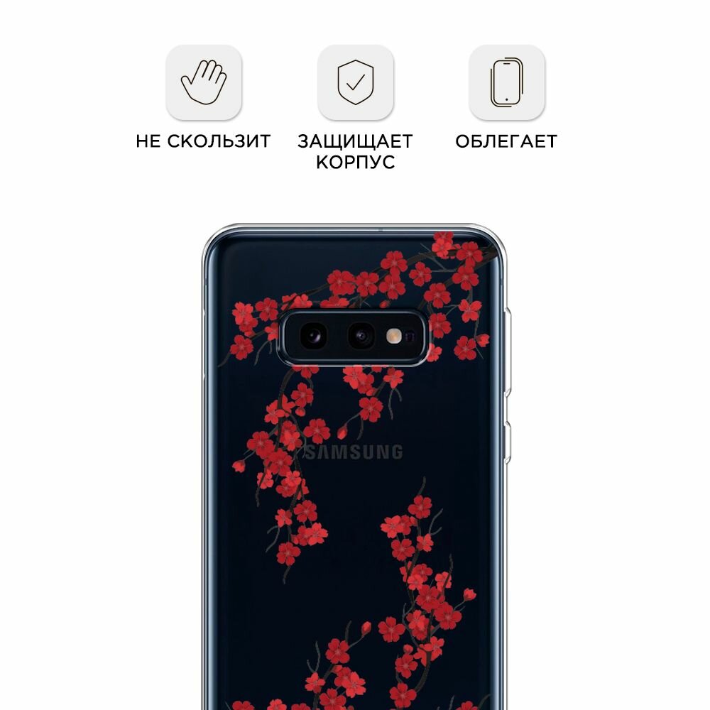 Чехол на Samsung Galaxy S10E / Самсунг Галакси S10E с принтом "Красная сакура", прозрачный — фото 1