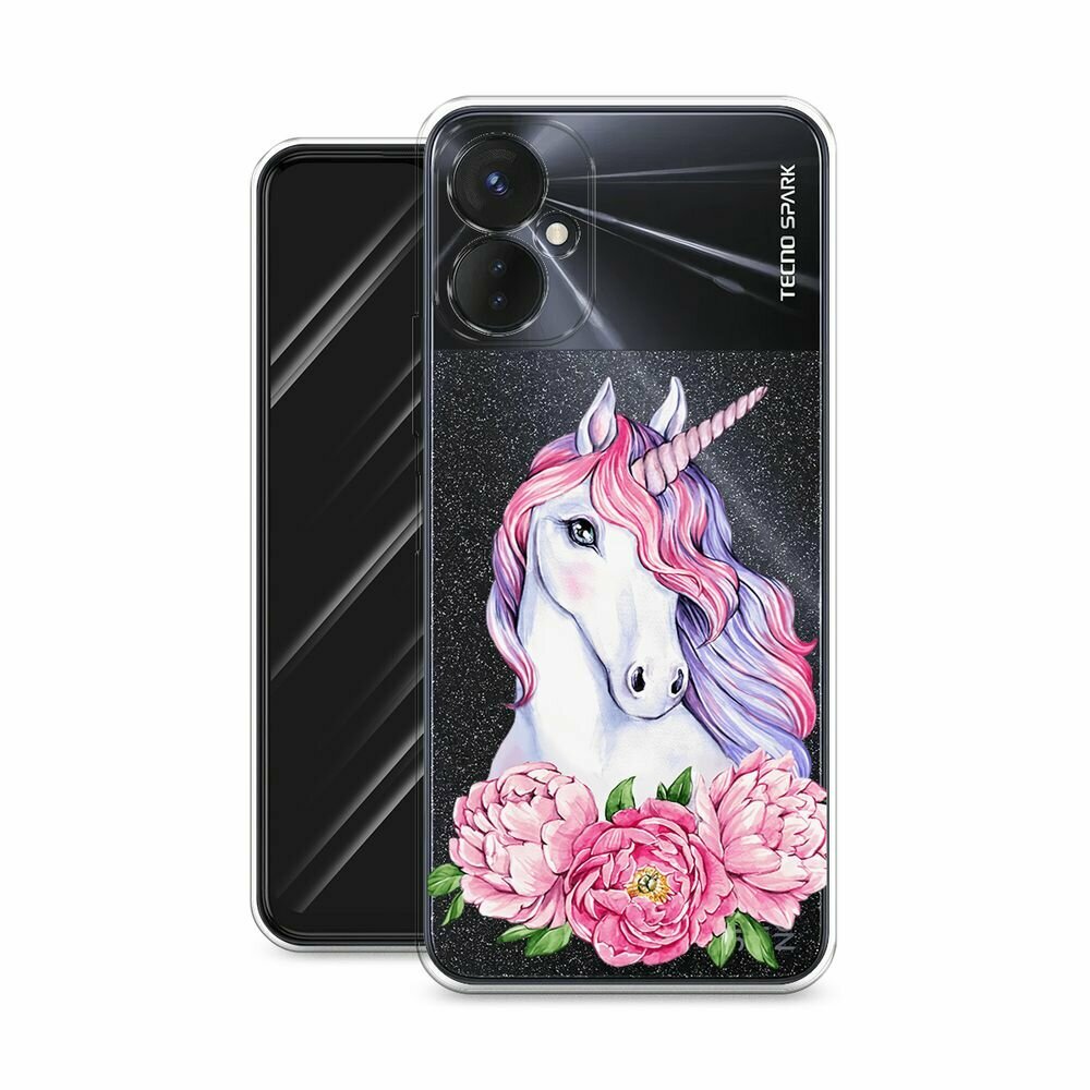 Чехол на Tecno Spark 9 Pro / Техно Спарк 9 Про с принтом "Единорог с пионами", прозрачный — фото 1