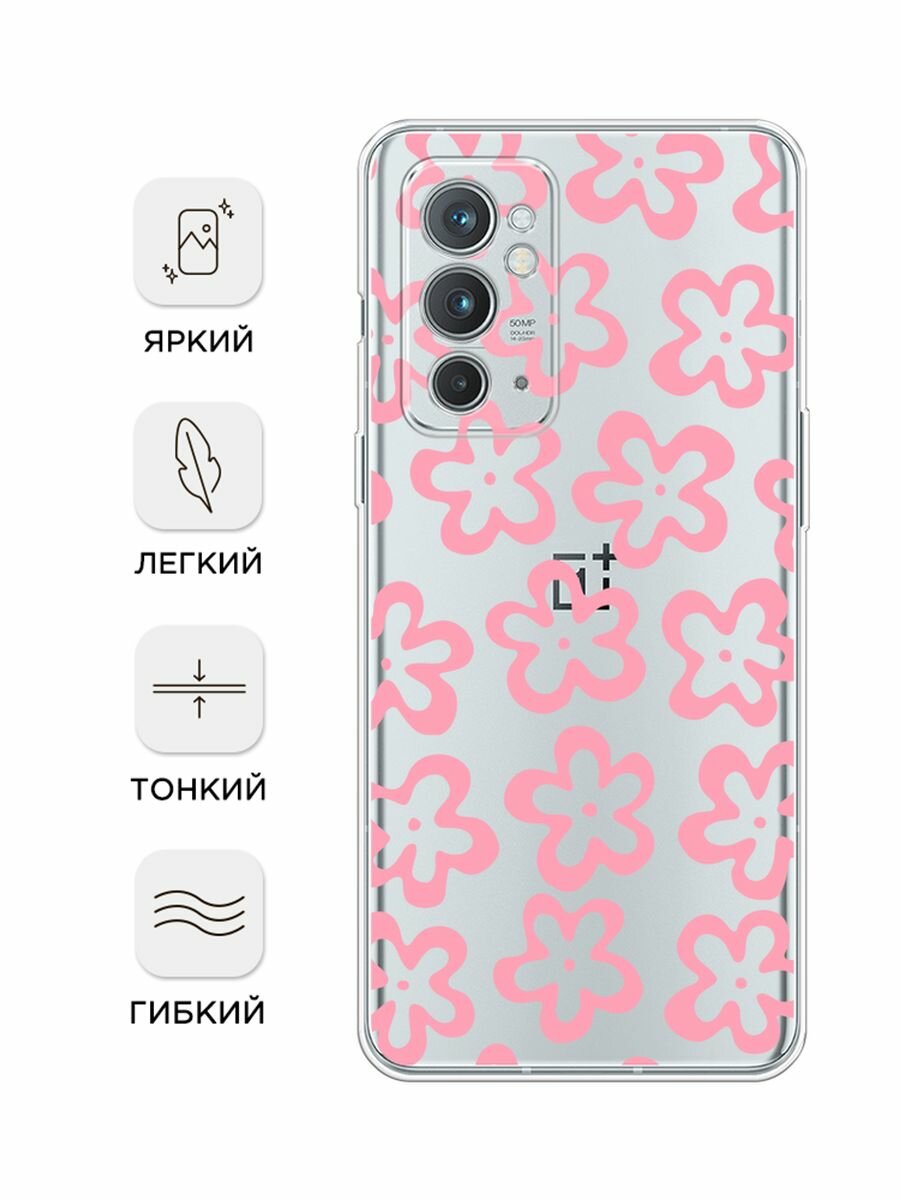 Чехол на OnePlus 9RT / ВанПлас 9RT с принтом "Простые розовые цветочки", прозрачный — фото 1