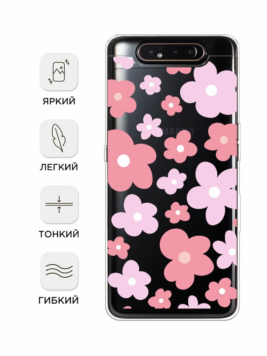 Чехол на Samsung Galaxy A80 / Самсунг Гэлакси A80 с принтом "Нежные розовые цветочки рисунок", прозрачный — фото 1