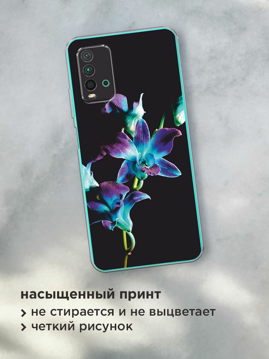Чехол на Xiaomi Redmi 9T / Сяоми Редми 9Т с принтом "Синий цветок на черном" — фото 1