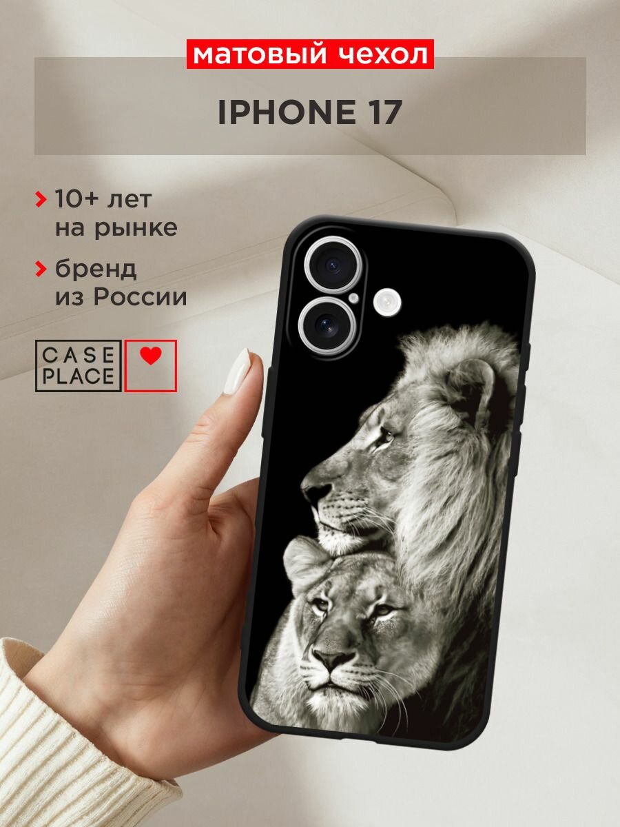 Черный матовый чехол на Apple iPhone 17 / Айфон 17 с принтом "Лев и львица"