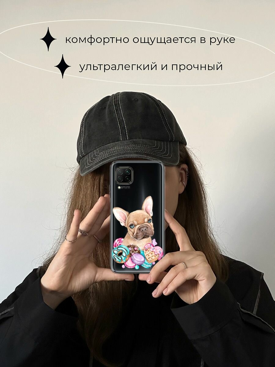 Чехол на Honor 30S Global/Huawei P40 Lite 5G/Nova 7 SE с принтом "Бульдог и сладости", прозрачный — фото 1