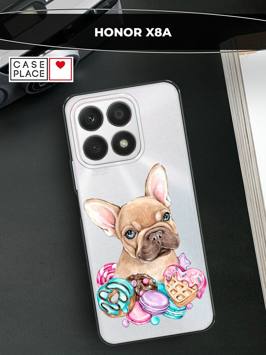 Чехол на Honor X8A / Хонор X8A с принтом "Бульдог и сладости", прозрачный