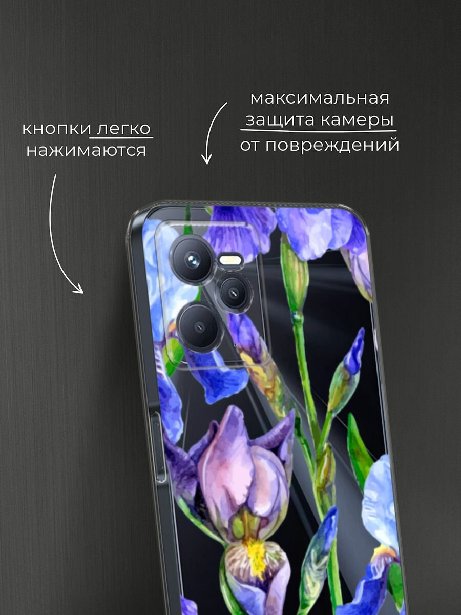 Чехол на Realme C35 / Реалми C35 с принтом "Синие ирисы", прозрачный — фото 1