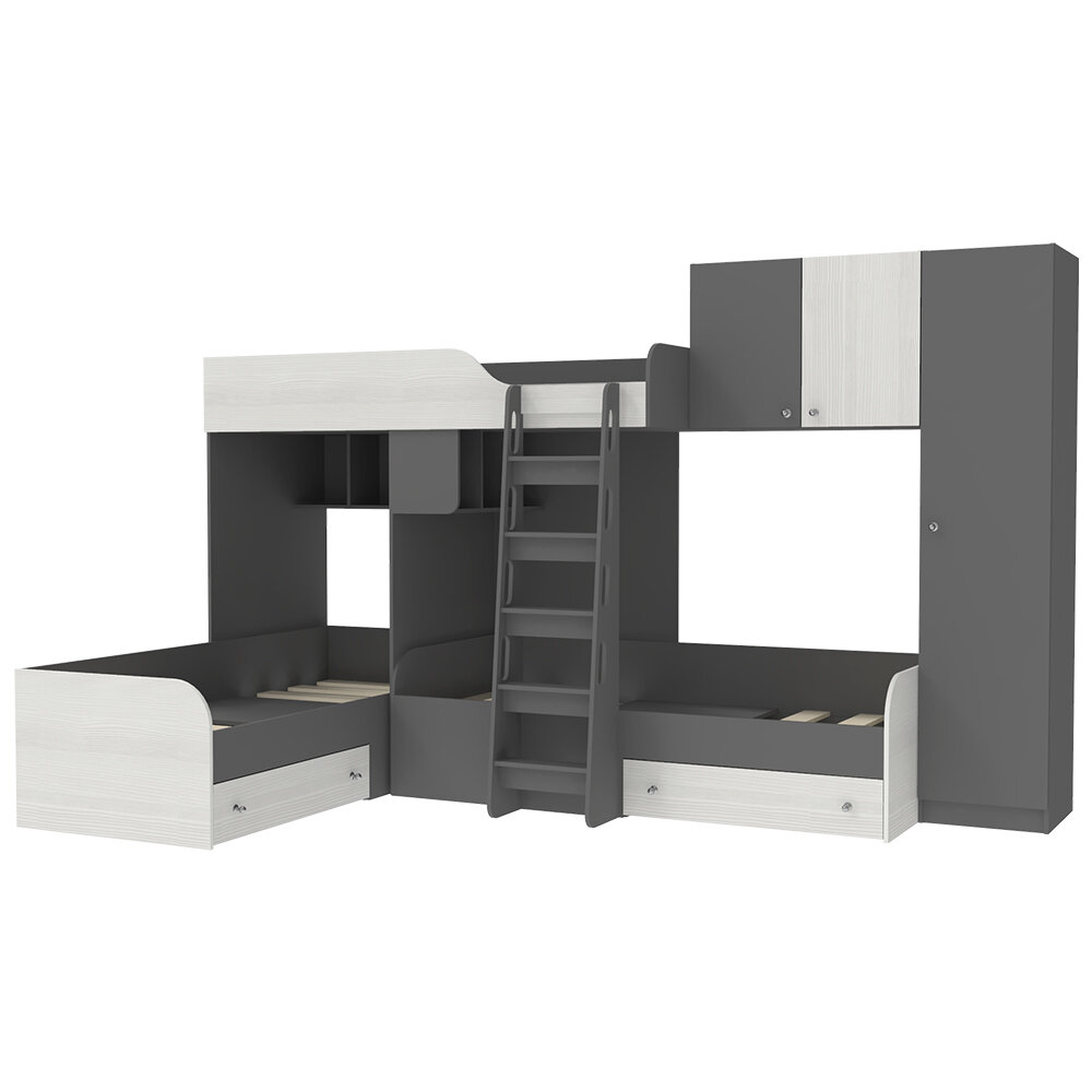 Кровать чердак Трио 2 Темно-серый Белое Дерево