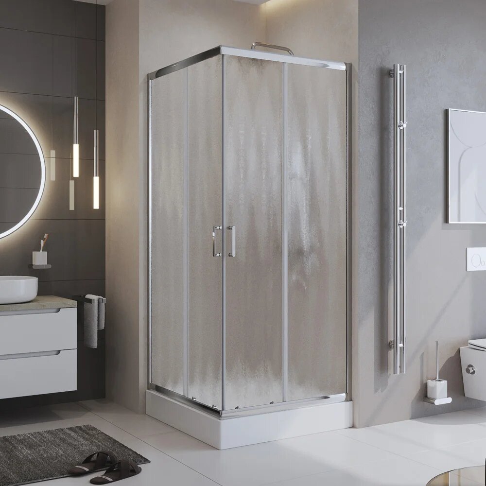 Душевой уголок BelBagno Uno UNO-195-A-2-90-CH-CR без поддона, стеклянный, 90x90, с рифленым стеклом, квадратный, раздвижной