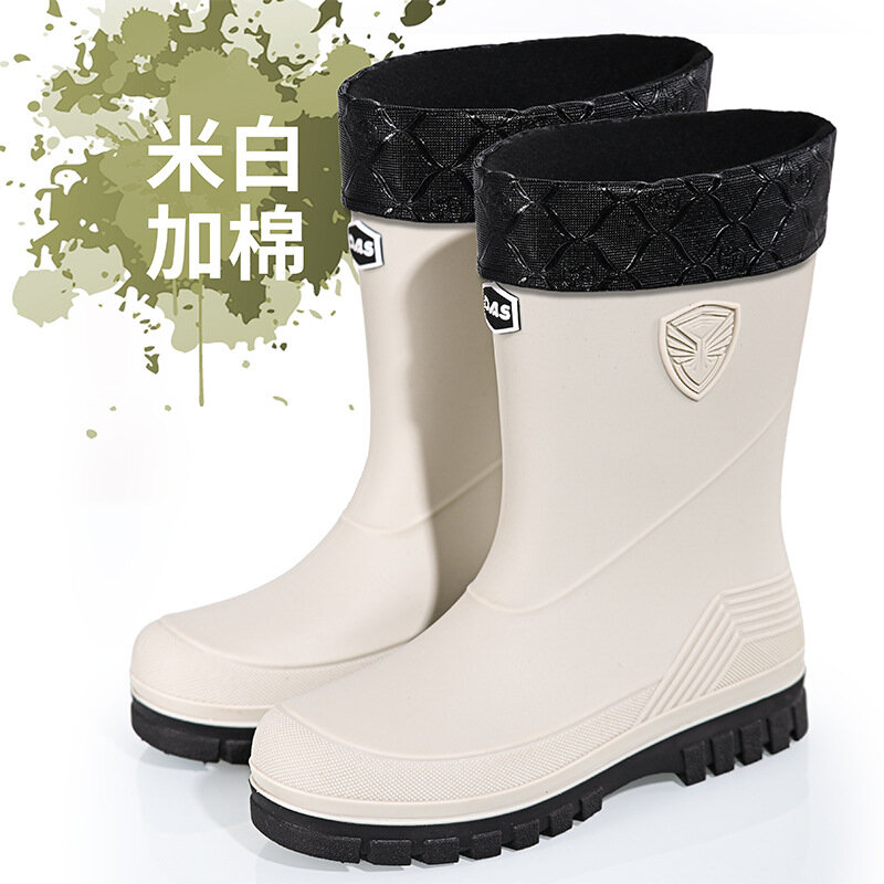 Новинка 2025 года: водонепроницаемые резиновые ботинки в японском и корейском стиле, модная обувь для плавания, нескользящие мужские резиновые сапоги до середины голени с флисовой подкладкой