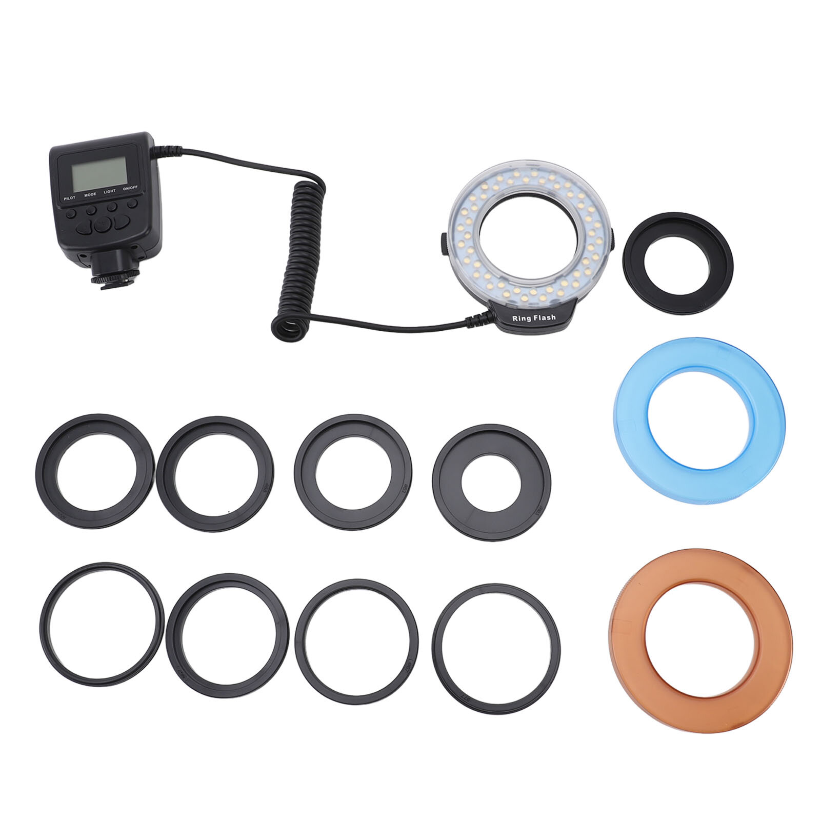 Макро-вспышка на 48 светодиодов для цифровых зеркальных фотокамер с ЖК-дисплеем, регулятором мощности, адаптерными кольцами и рассеивателем для съемки крупным планом