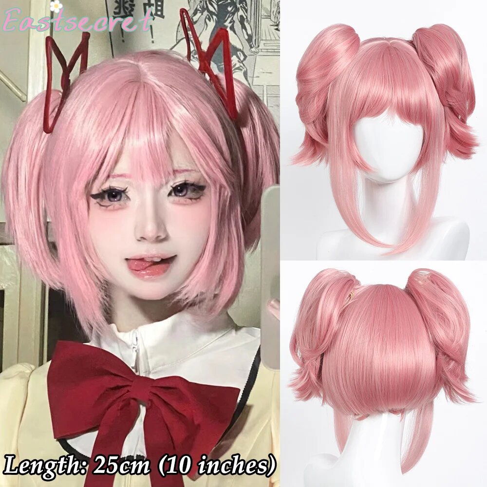 Парик для косплея EAST Madoka Kaname, розовые короткие заколки, хвостики, термостойкие волосы, вечерние парики для косплея в стиле аниме + шапочка для парика