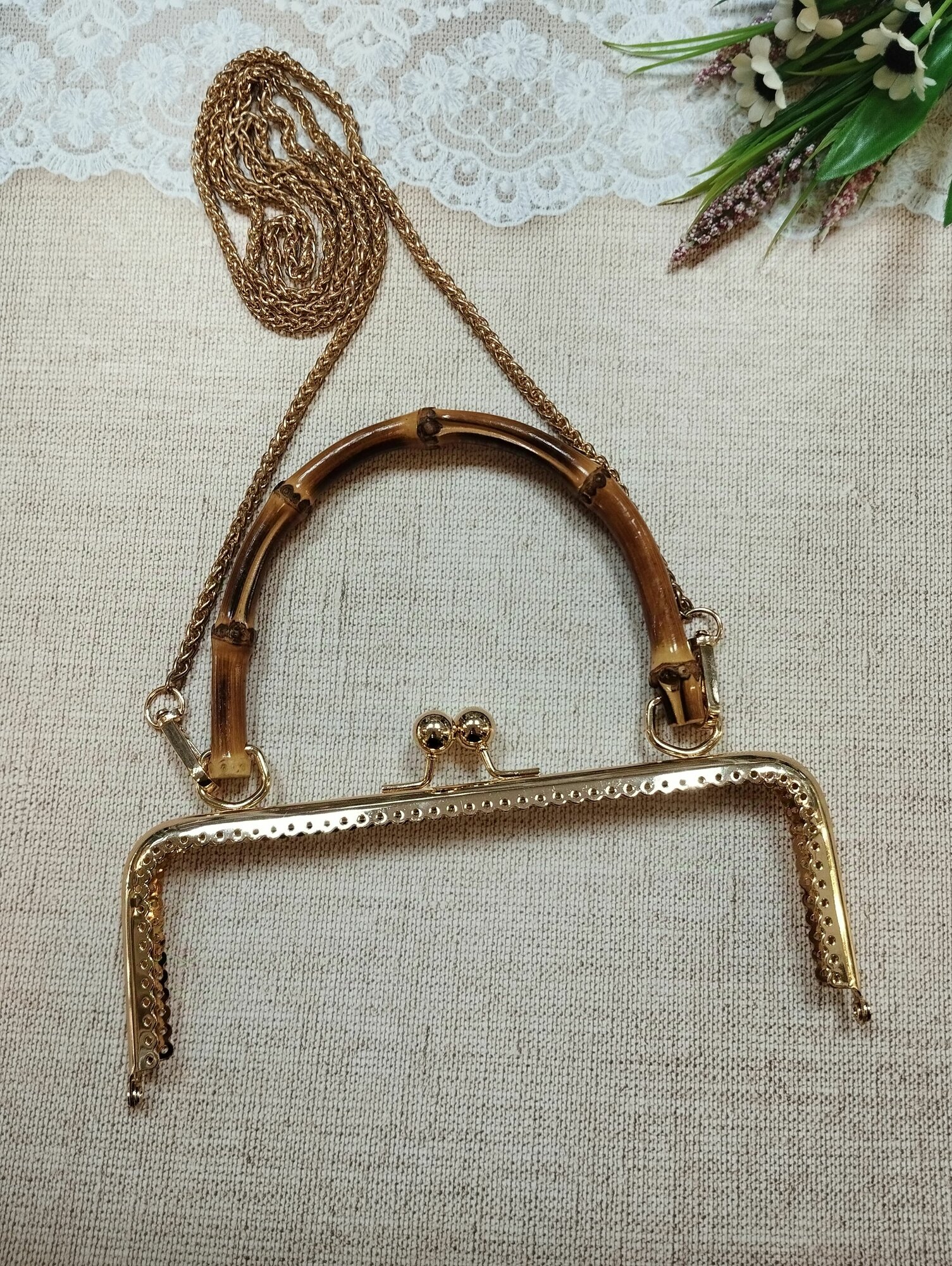 Фермуар для сумки с бамбуковой ручкой и цепочкой, 20см, цвет золото