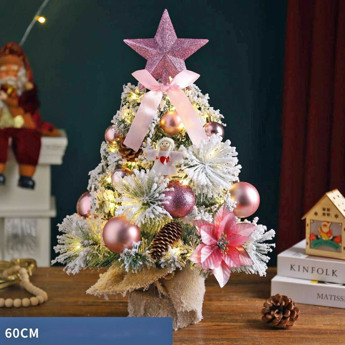 Елка новогодняя искусственная 60 см с игрушками (звезда, розовые шары)