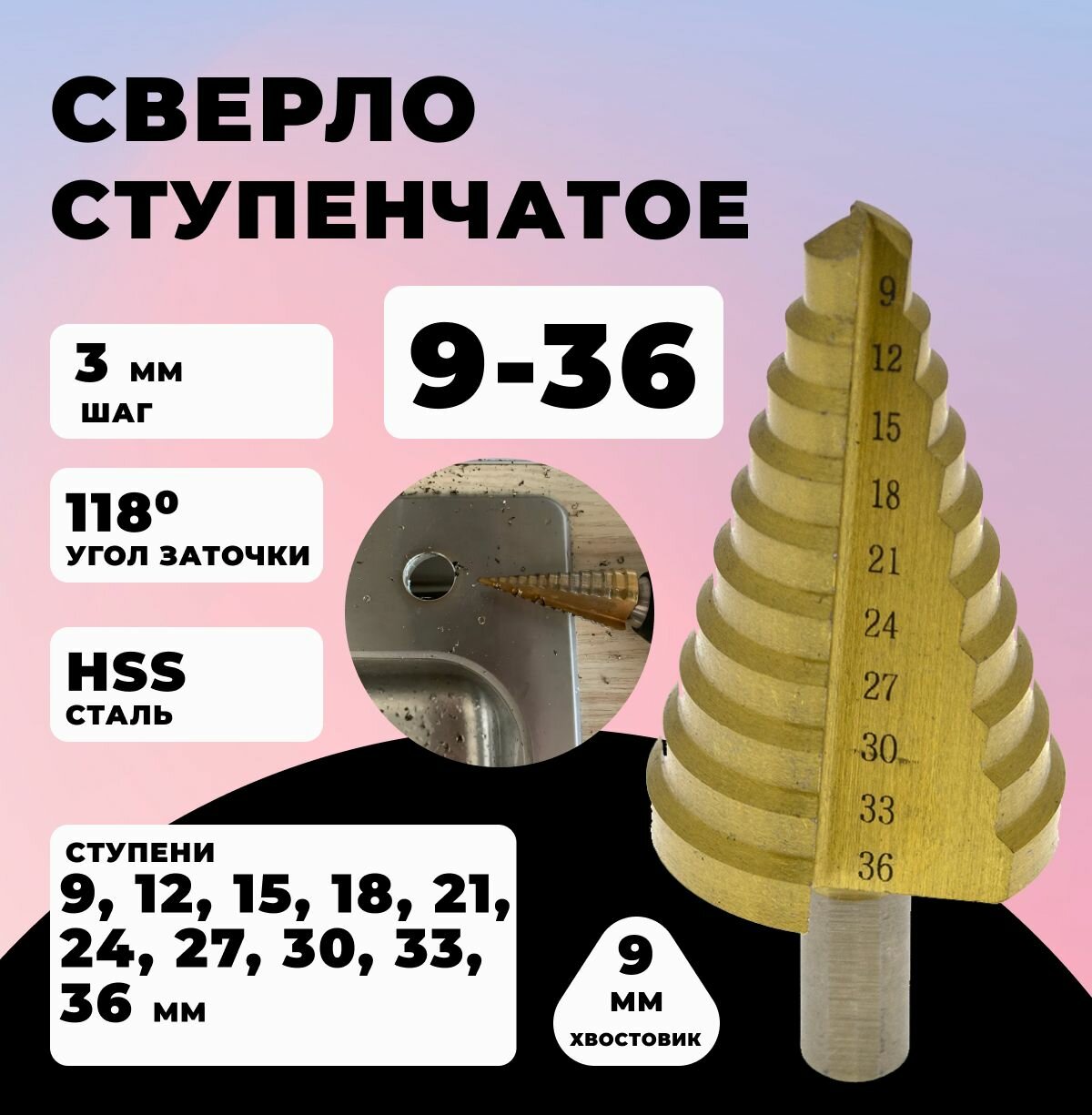 Ступенчатое сверло по металлу 9-36 мм с трехгранным хвостовиком (сталь P6M5)