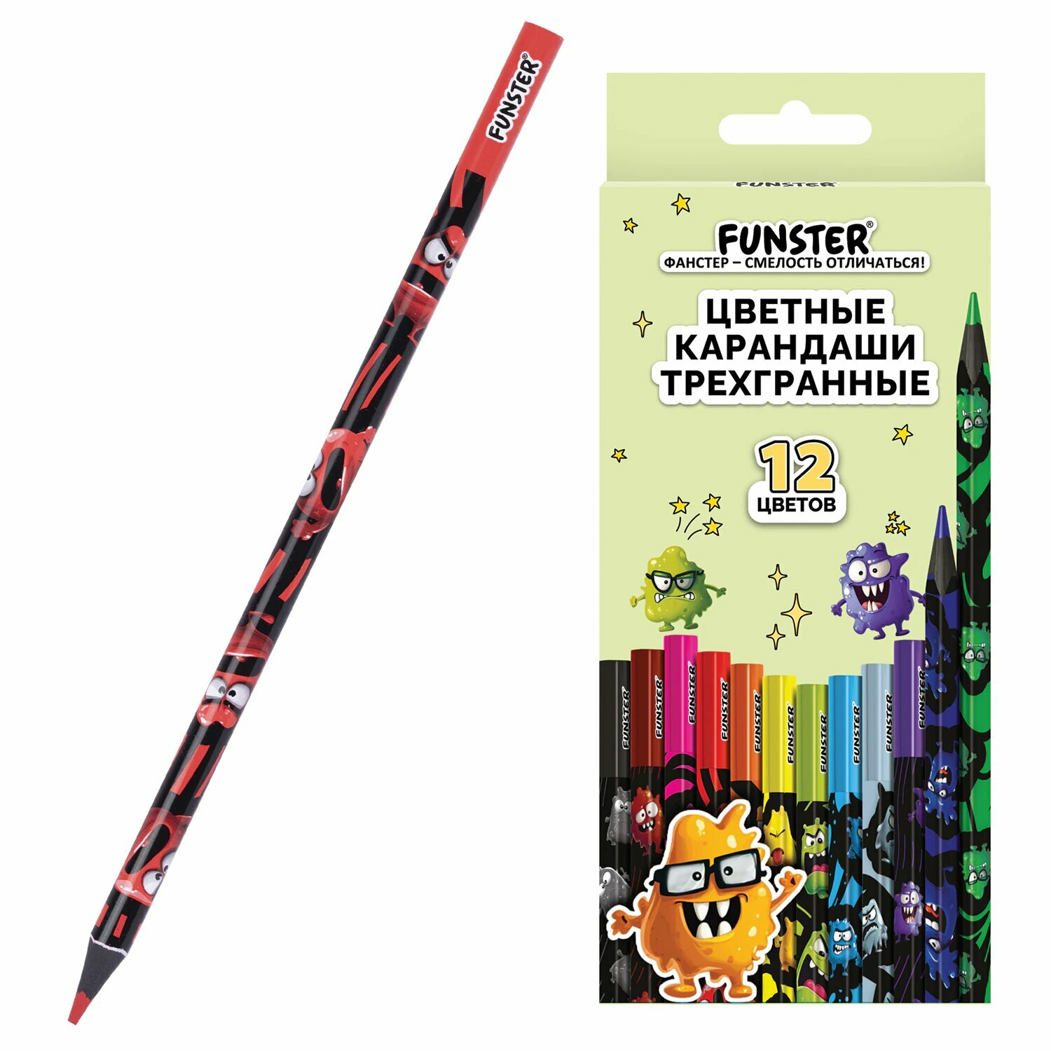 Комплектация 1 шт. Карандаши цветные FUNSTER (фанстер) монстрики, 12 цветов, черный корпус с принтом, трехгранные, 182065