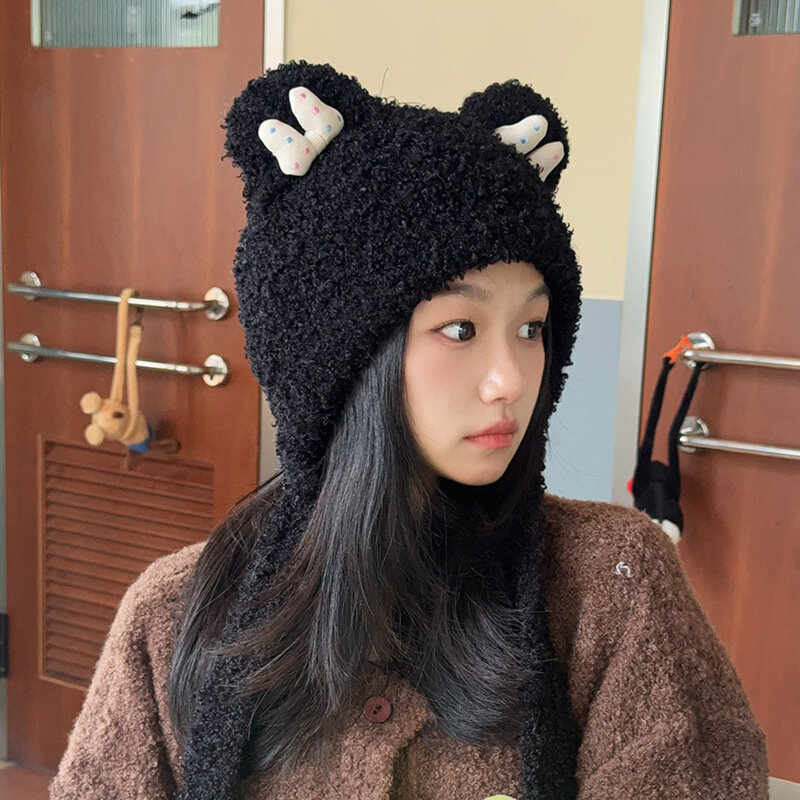Женская плюшевая шапка с медведем в корейском стиле, осенне-зимняя утолщенная теплая вязаная шапка с носком, защитная шапка для ушей