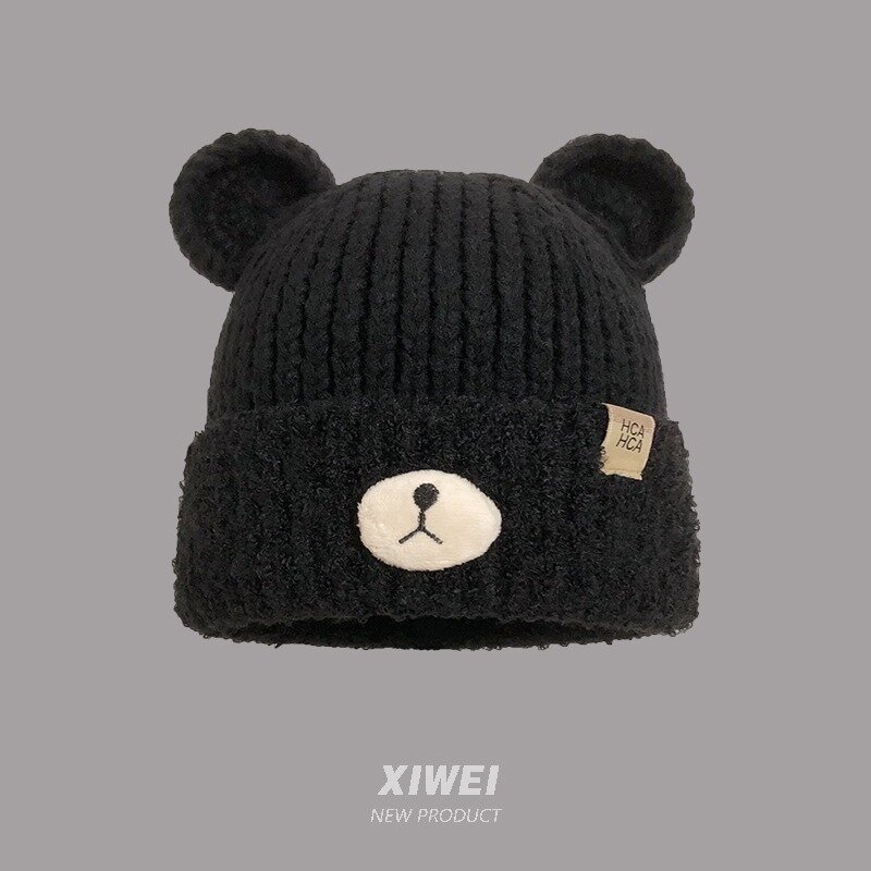 Осенне-зимняя тонкая и теплая шерстяная шапка с милыми медвежьими ушками для женщин, утолщенная защита ушей с завивками, шапка Lei Feng, вязаная шапка