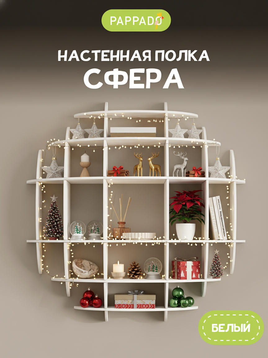 Настенная 3D полка "сфера" от "Pappado", цвет белый, нагрузка 25 кг