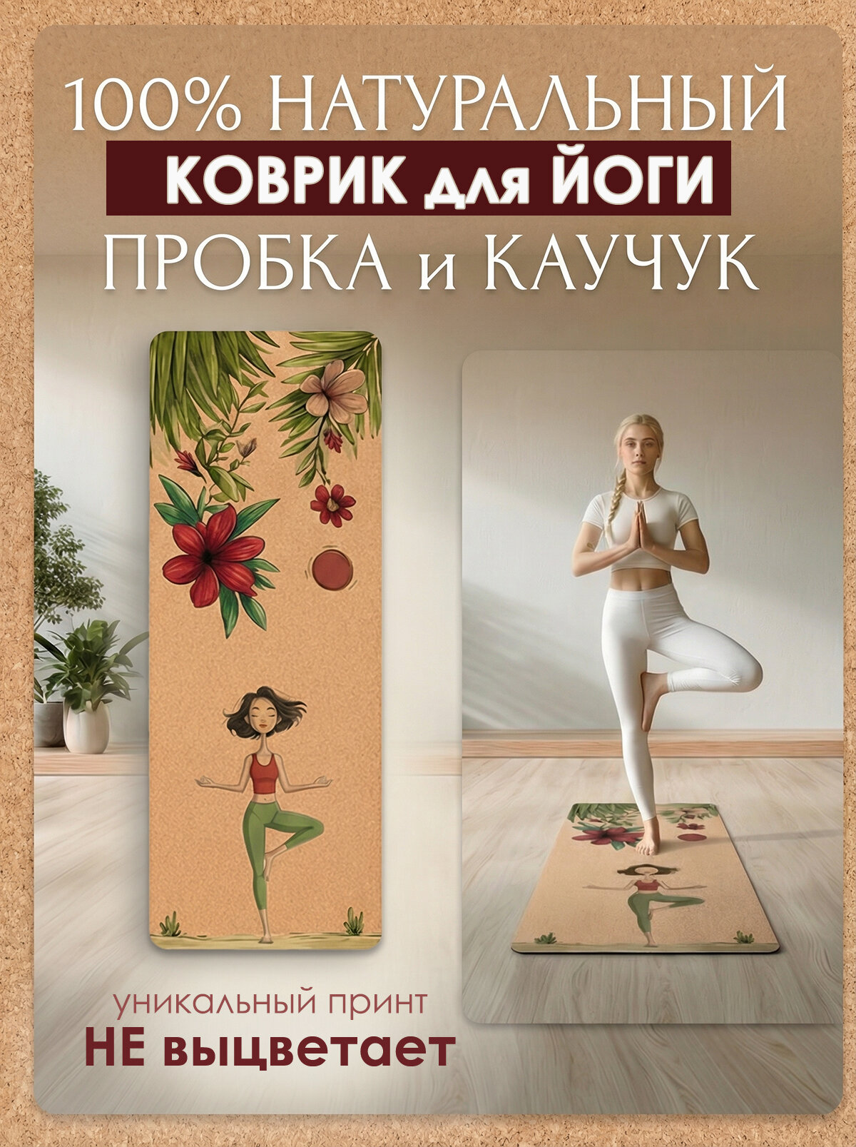 Коврик для йоги каучуковый пробковый