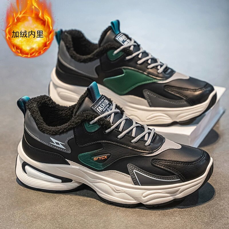 MOOCIE Новые осенне-зимние мужские кроссовки на массивной подошве для подростков, модная и универсальная повседневная обувь с флисовой подкладкой и дополнительной толщиной.