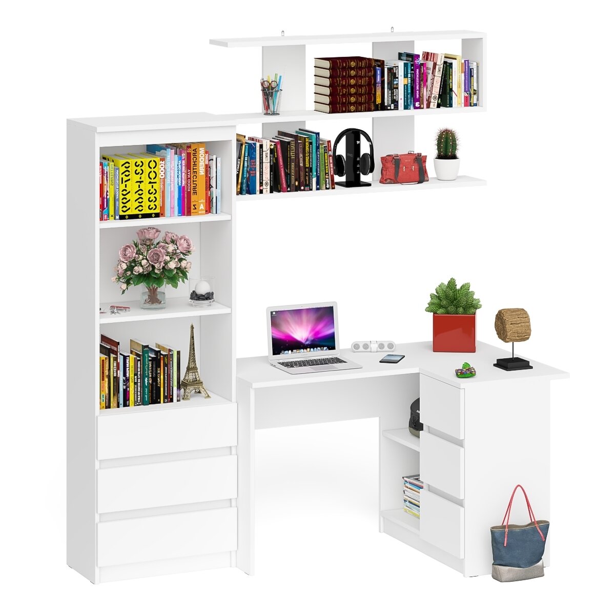Рабочее место с угловым столом Мори МС-16 правым со стеллажом и навесной полкой, белый, 184,8х84,9х209,6 см.