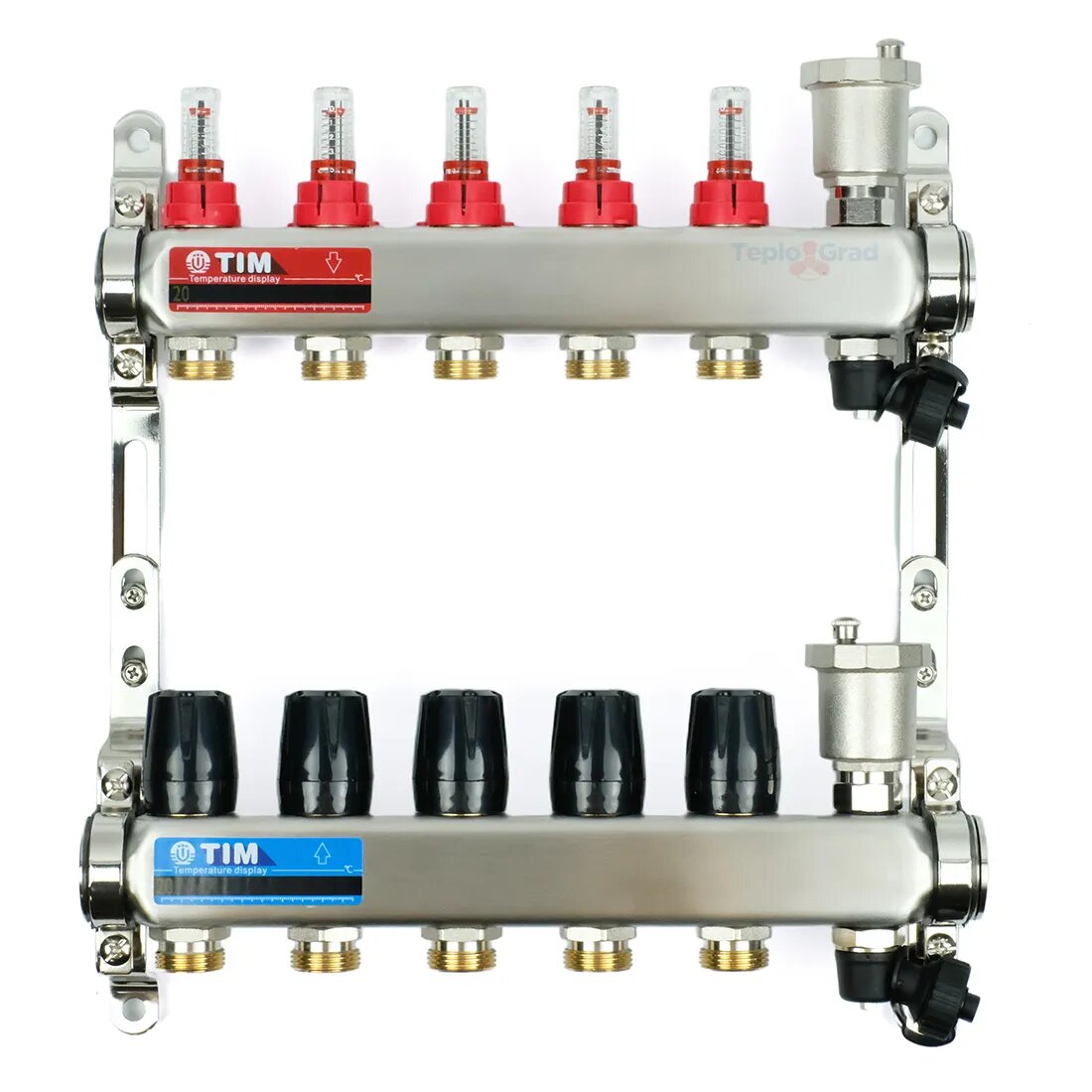Коллектор для теплого пола TIM на 7 выходов с расходомерами из нержавеющей стали 1" - 3/4" евроконус KCS5007