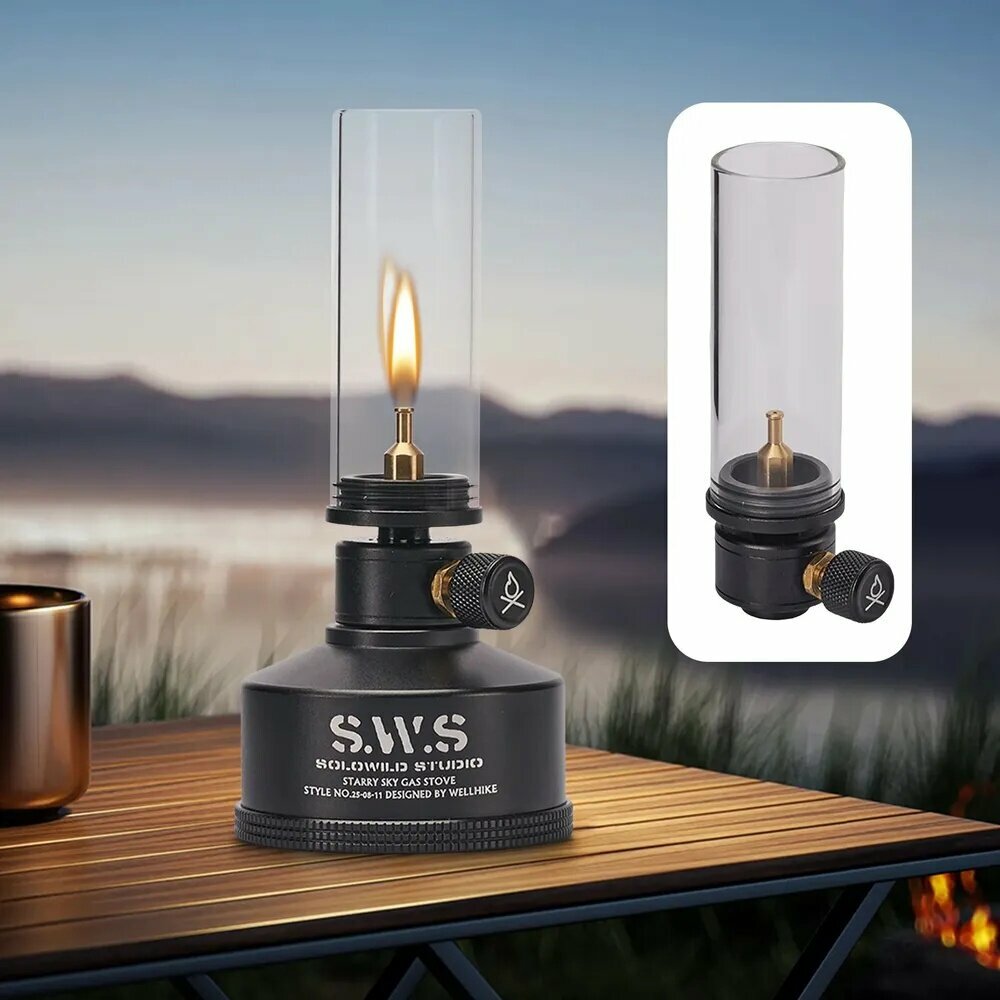 Свеча фонарь стеклянный абажур бензобак лампа с газовой горелкой для кемпинга (черный)